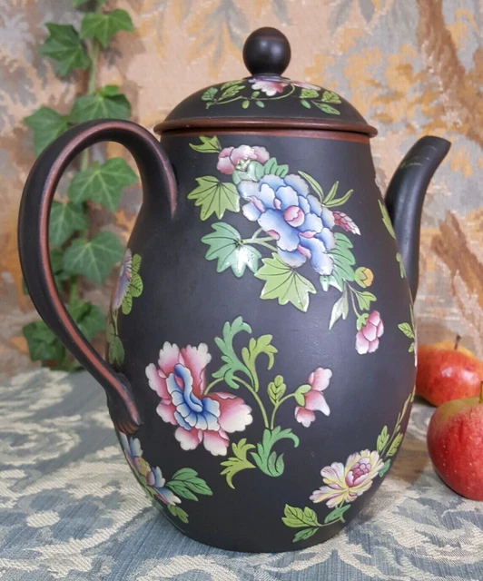 BLACK BASALT CAPRI Ware Flowers Antique Early Wedgwood Enamel Teapot ...