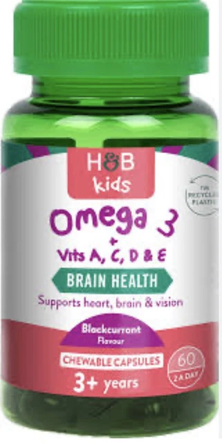 2 X H&B Kids Omega 3 Brain Health 60 Chewable Capsules Blackcurrant. £ ...