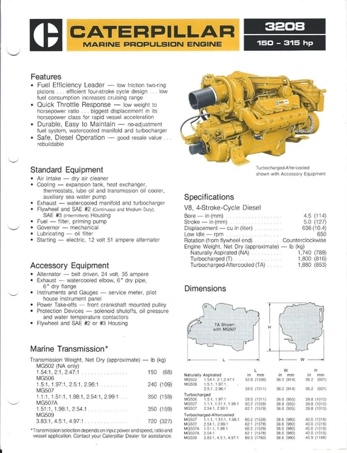 MARINE BROCHURE - Caterpillar - 3208 Propulsion Engine - c1984 - 2 ...