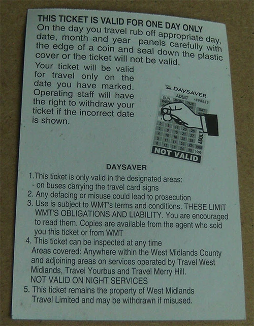 TRAVEL WEST MIDLANDS Bus Daysaver Scratch Card, Unused 2002/3/4 ...