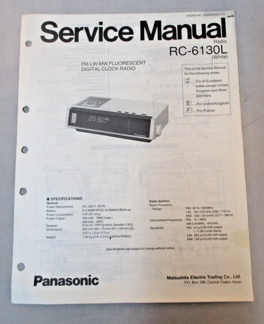 VINTAGE PANASONIC SERVICE Data Sheet - FM - LW-MW Digital Clock Radio ...