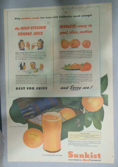 SUNKIST CALIFORNIA ORANGES Ad Best For Juice ! from 1940's Size: 11 x ...