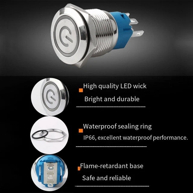 COMPACT 19MM POWER LED Push Button Switch Vandal proof Self Reset 12 ...
