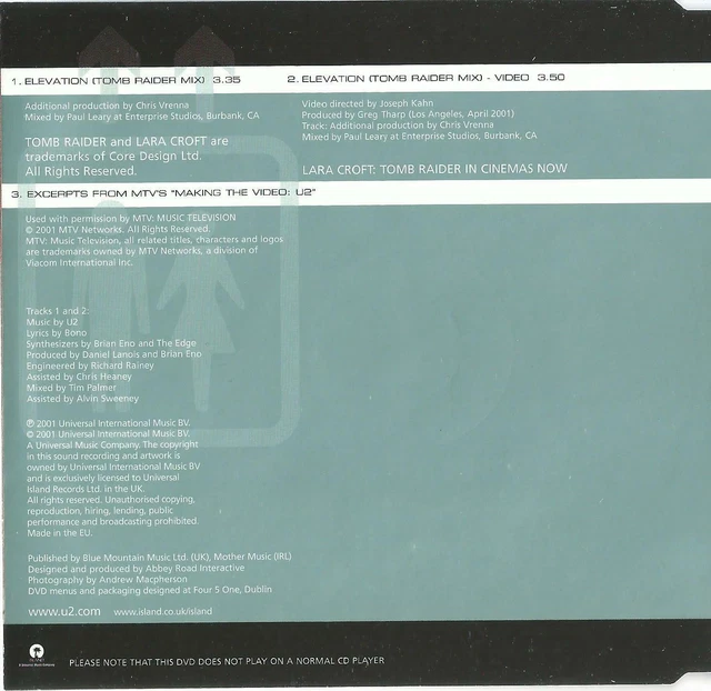 U2 - ELEVATION 2001 Dvd "Tomb Raider" Bono Adam Clayton Dave Evans ...