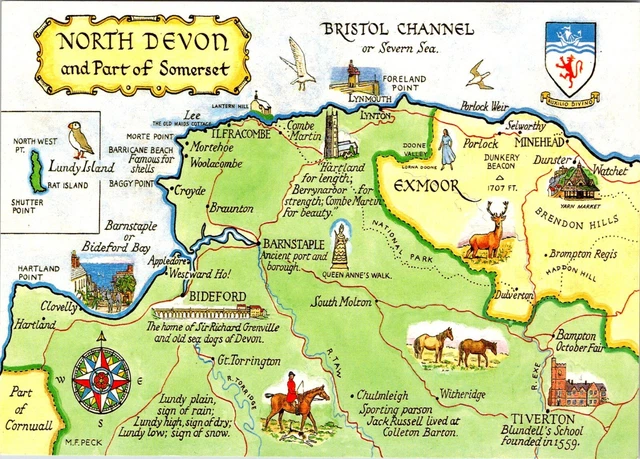 VINTAGE NORTH DEVON Map Postcard, with parts of Somerset C6T £3.99 ...