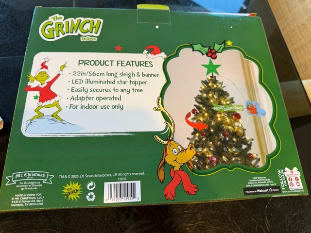 MR. CHRISTMAS ANIMATED Grinch Sleigh Tree Topper w Banner Merry ...
