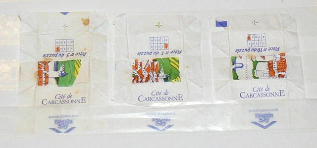 EMBALLAGES SUCRE TYPE puzzle Cité de Carcassonne, 3 papiers n° 1, 5, 10 ...