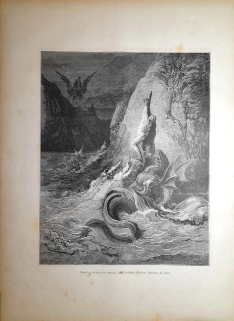 STAMPA ANTICA ANGELICA NUDA LEGATA Orlando Furioso Dorè 1880 Antique ...