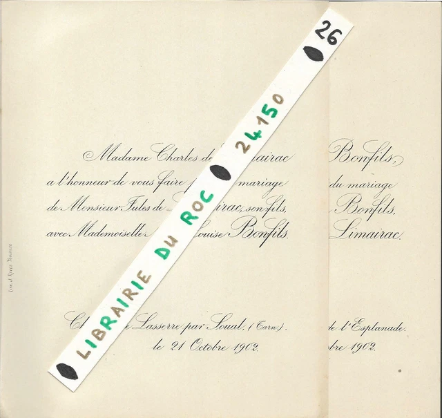 FAIRE PART MARIAGE + Jules de LIMAIRAC / Marie Louise BONFILS + 1902 ...