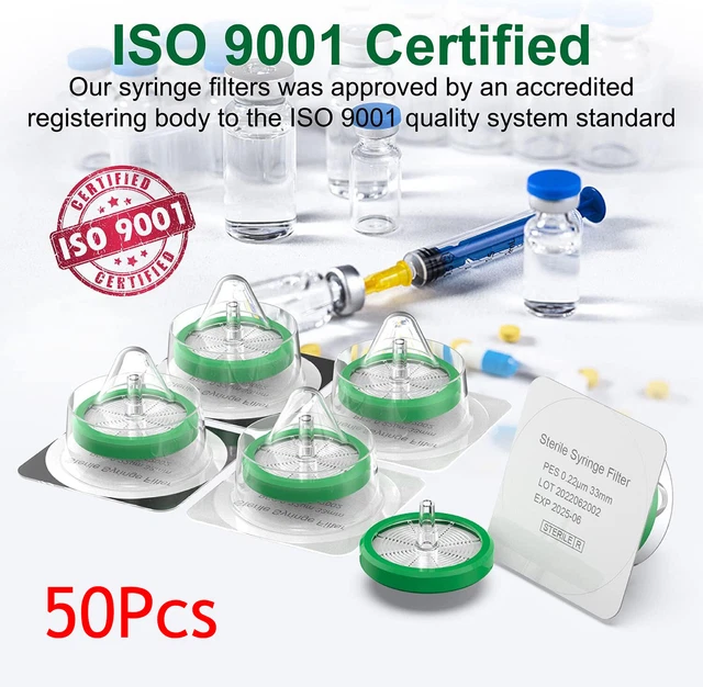50 PACK STERILE Syringe Filter PES Membrane Filtration 33mm 0.22μm Lab ...