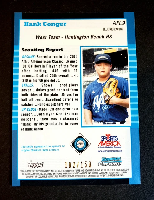 HANK CONGER SIGNÉ 2006 Bowman BLUE RÉFRACTOR recrue garantie PSA/ADN ...