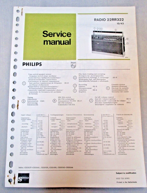 VINTAGE PHILIPS RADIO Service Data Sheet Manual - 22RR322 - 1970's? £8. ...