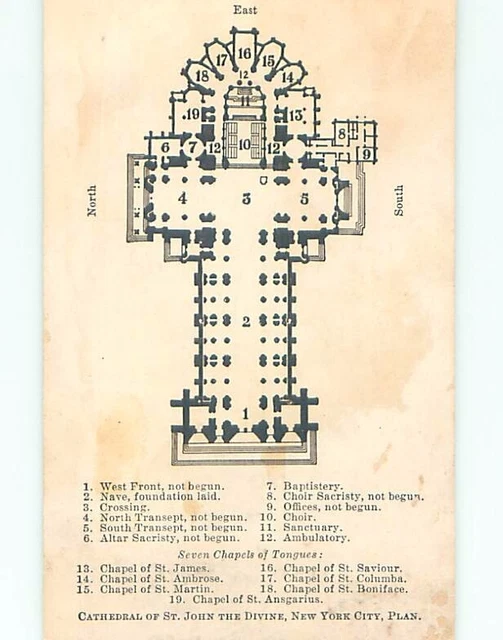 D-BACK LABELED MAP OF ST. JOHN THE DIVINE CATHEDRAL New York City NY ...