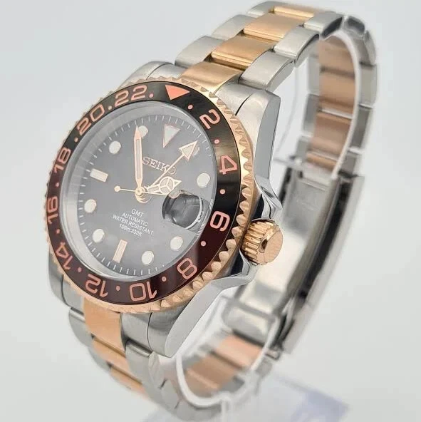 CUSTOM SEIKO NH34A Root Beer GMT Mod Automatic Watch Two Tone Stainless ...