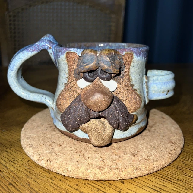 VINTAGE MAHON MADE Stoneware Ugly Face 3D Mug 4" Tall Double Handle ...