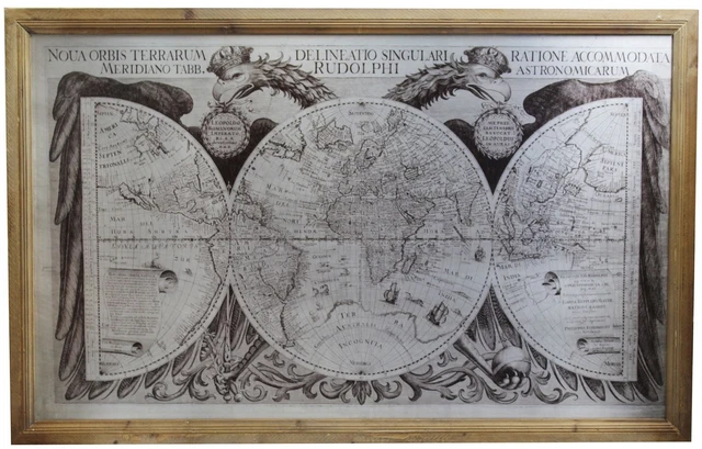 WOODEN FRAME 17TH Century Vintage Antique Ancient World Map Wall Art ...