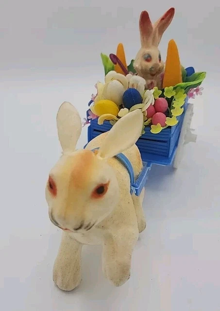 VINTAGE FLOCKED EASTER Bunny Rabbit Pulling Blue Cart Hong Kong 10 ...