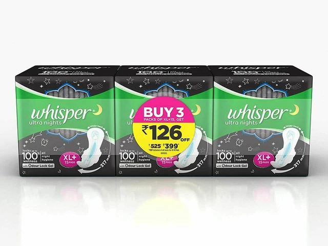 WHISPER ULTRA NIGHT Sanitary Pads for Women, XL+ 15 (Pack Of 3) Napkins ...