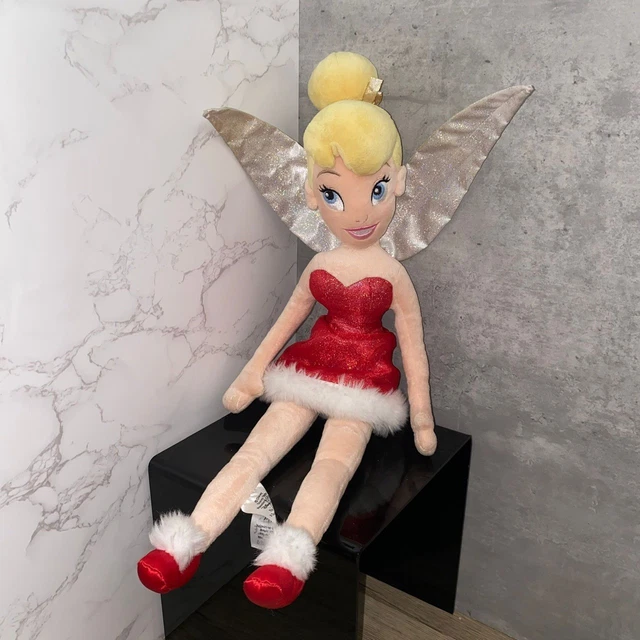 DISNEY STORE TINKER Bell Christmas Plush Doll 20" Red Dress Fairy Soft ...