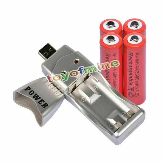 4 XAA RED Color1.2VNi-MH3000mAh Rechargeable Battery+USB Charger $16.15 ...