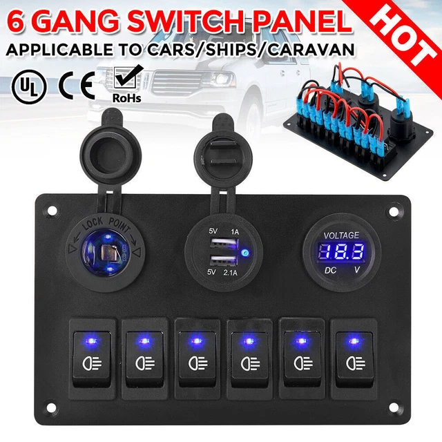 6 GANG 12V Switch Panel Control USB ON-OFF LED Rocker Toggle For Car ...