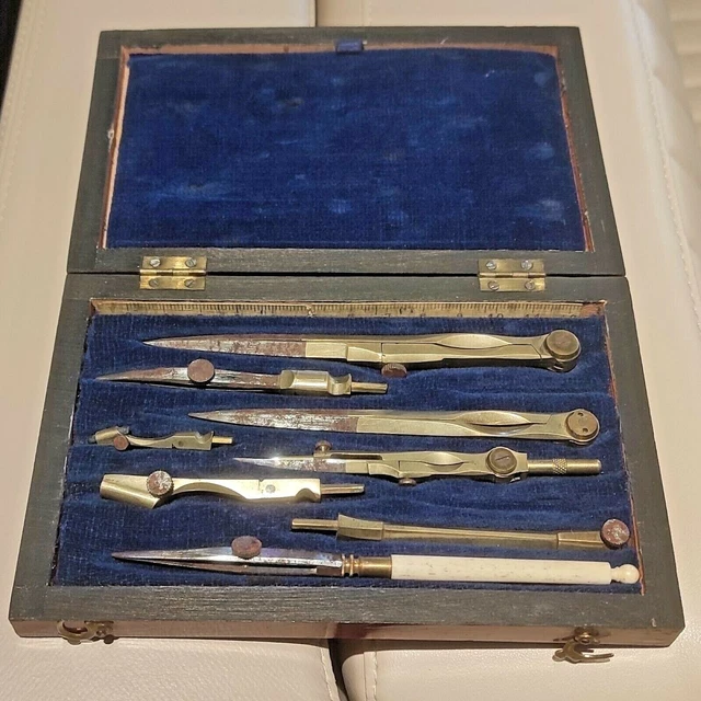 ANTIQUE VICTORIAN DRAFTING Compass Tools Drawing Instruments in Wooden ...