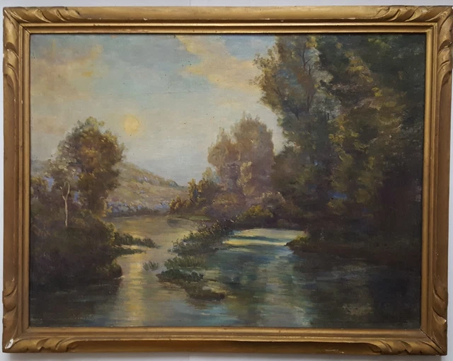 GRAND TABLEAU ANCIEN Romantique école de Barbizon - Paysage aux grands ...
