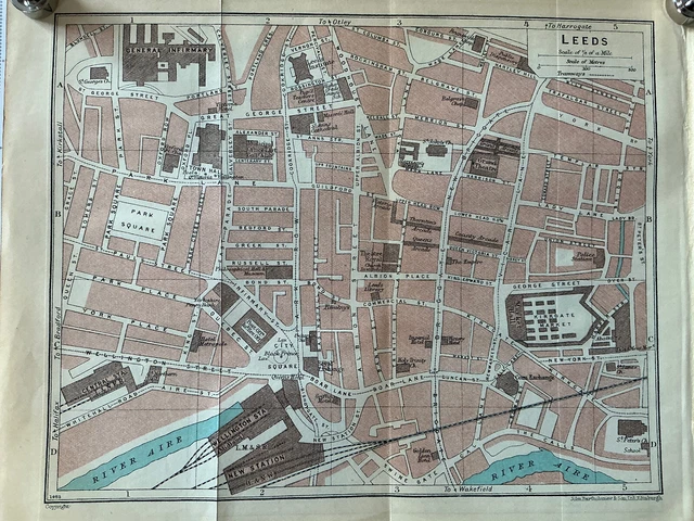 LEEDS 1930 ANTIQUE Street Map Original Bartholomew Railway Infirmary ...