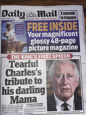 DAILY MAIL QUEEN Elizabeth II Death King Charles 15th Sept 2022 ...