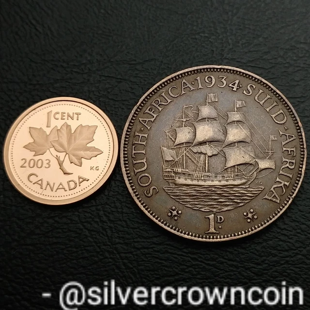 AFRICA SOUTH 🇬🇧 1 Penny 1934. KM#14.3. One Cent coin. Sailing Ship ...