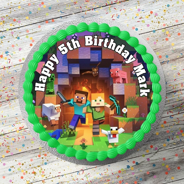 MINECRAFT BLOCK THEME Personalised 7.5" Round Edible Cake Topper £5.90 ...