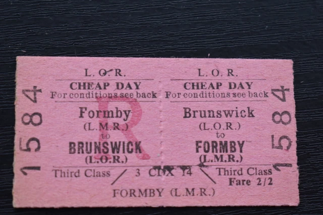 LIVERPOOL OVERHEAD RAILWAY Ticket LOR BRUNSWICK to FORMBY No 1584 £3.00 ...