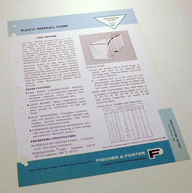 FISCHER & PORTER Plastic Parshall Flume Type 10F1940 Depliant 1971 L1672S19 EUR 29,90 - PicClick IT