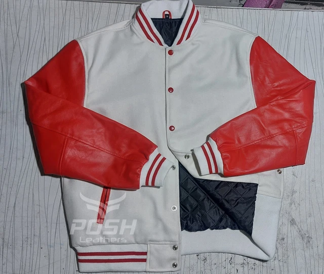 VARSITY LETTERMAN JACKET Baseball Collage Bomber Cream Wool, Red Real ...