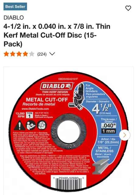 4-DIABLO DBD045040115F 4_1/2-IN. Metal Cut Off Disc _ Thin Kerf - 15 ...