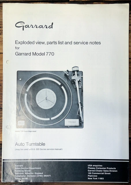 GARRARD MODEL 770 Turntable Exploded View & Parts List *Original* £15. ...