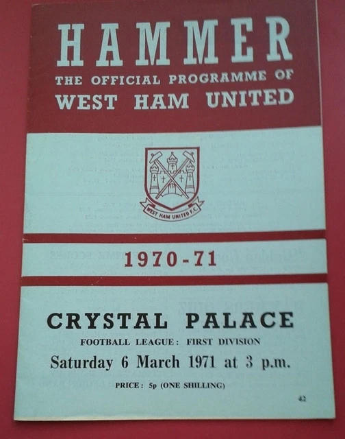 1970-1 PROGRAMME WEST Ham United Crystal Palace Peter Eustace Geoff ...