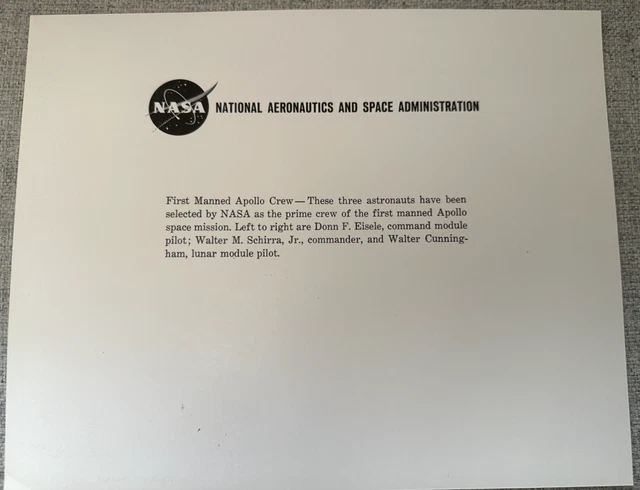 NASA APOLLO 7 Crew Donn Eisele Walter Schirra Walter Cunningham Signed ...