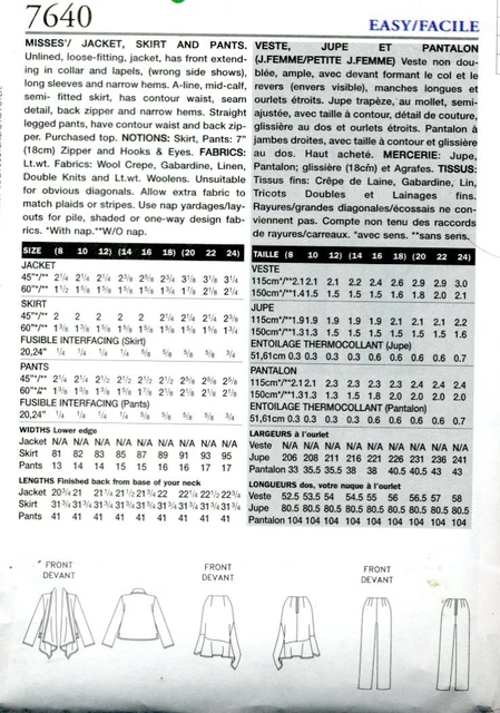 CUT VOGUE SEWING Pattern Ladies Side Zip Skirt Pants Drape Jacket Size ...