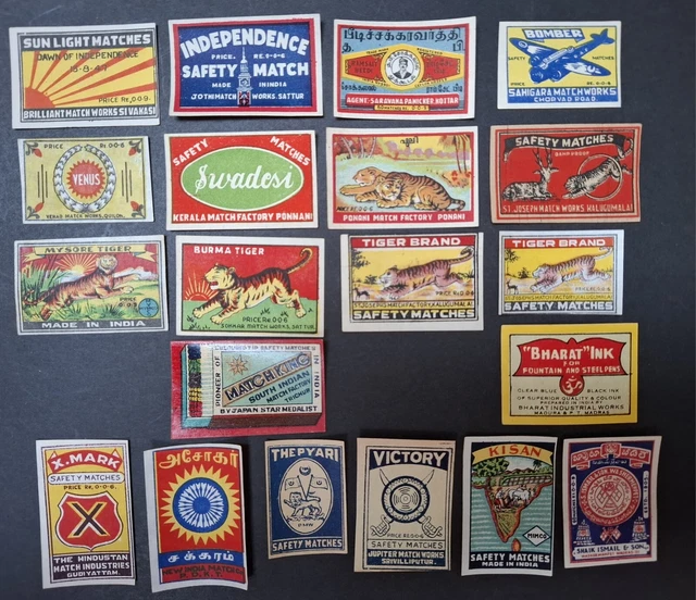 20 OLD INDIA c1960s Matchbox Labels The Pyari, Mysore Tiger, Bomber etc ...