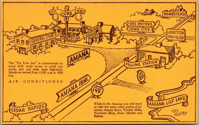 POSTCARD CARICATURE MAP Ox Yoke Inn and Amana, Iowa~132391 £6.26 ...