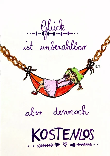 ORIGINAL AQUARELL POSTKARTE mit Spruch Text Schrift Gruß Pudding Herz ...