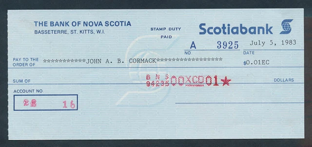 ST KITTS: 1983 Scotiabank. SCARCE Cheque for 1 Cent in East Caribbean ...