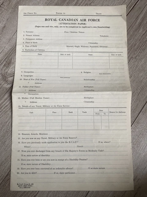 ROYAL CANADIAN AIR Force Attestation Paper (circa 1940) $9.99 - PicClick CA