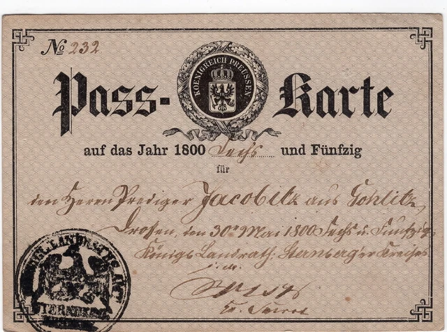 PASS-KARTE / REISEPASS 19. Jahrhundert Königreich Preußen Deutsches ...