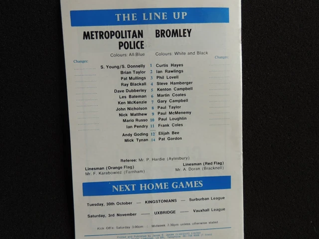 METROPOLITAN POLICE V Bromley 27th October 1990 Official Match ...