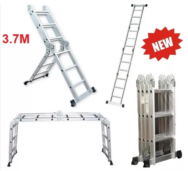 3.7M MULTI PURPOSE Aluminium Folding Extension Ladder Step Platform ...