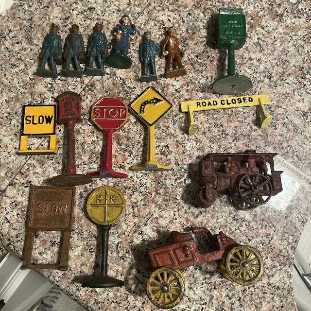 LOT OF ANTIQUE Cast Iron Road Railroad Signs People tractors vibtage ...