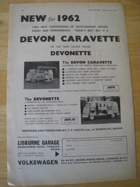 DEVON CARAVETTE CONVERSION Of Famous Vw Micro-Bus 1962 Advert A4 File ...