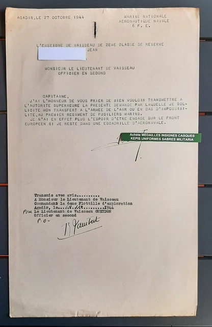 WW2 DOCUMENT FNFL Aéronavale Flottille 6FE BAN Agadir France Libre ...